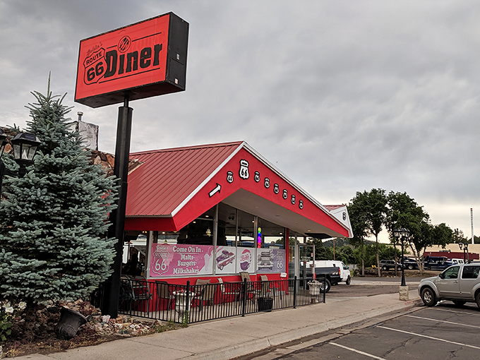 The classic roadside profile of Goldies Route 66 Diner – where hungry travelers have been pulling over since before GPS told them to.