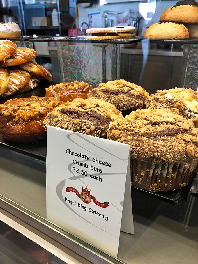 The pastry case proves Bagel King's talents extend beyond the circular—those chocolate cheese crumb buns are calling my name.