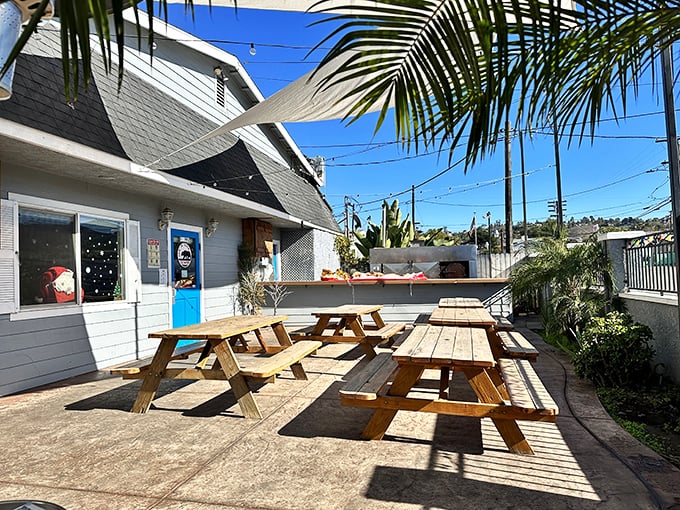 California sunshine and picnic tables—nature's perfect dining room for enjoying smoky treasures. Those string lights come on when the sun goes down.