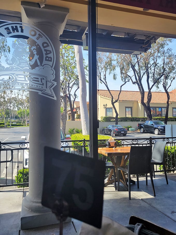 Outdoor seating with a view of San Juan Capistrano's charm. Even the California sunshine seems to approve of what's happening inside.