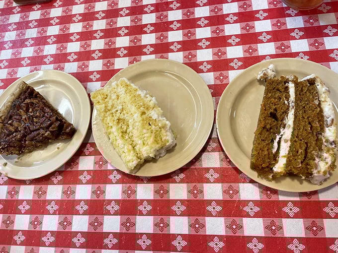 The dessert trinity—pecan pie, coconut cake, and carrot cake. Because after conquering a plate of barbecue, you've earned a sweet victory lap.