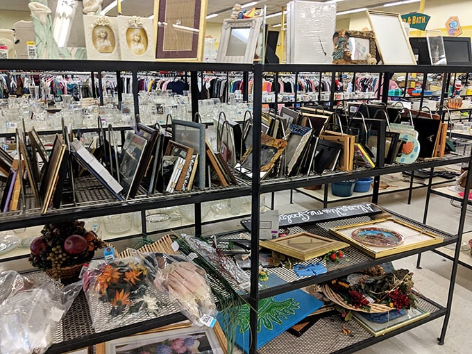 The art section – where forgotten family portraits and mass-produced prints find themselves in an unexpected gallery show, waiting for new walls.