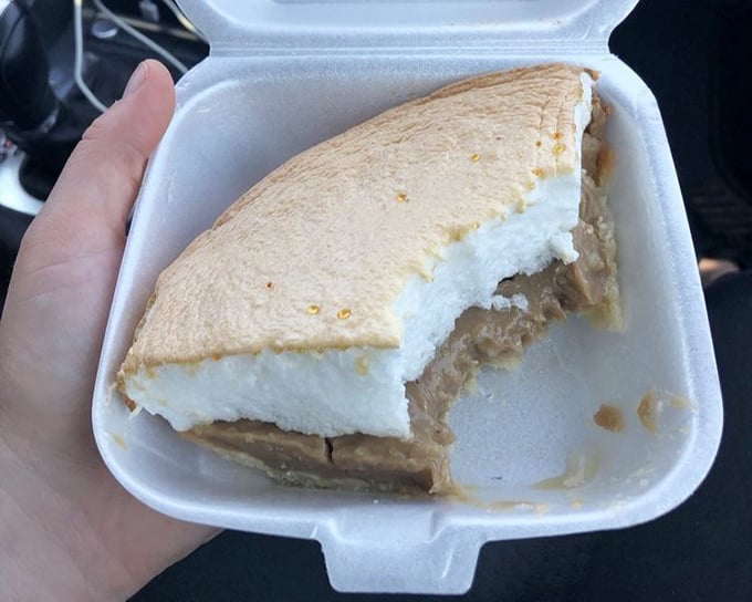 Homemade pie in a styrofoam container—because after BBQ this good, you deserve a sweet finale for the road.