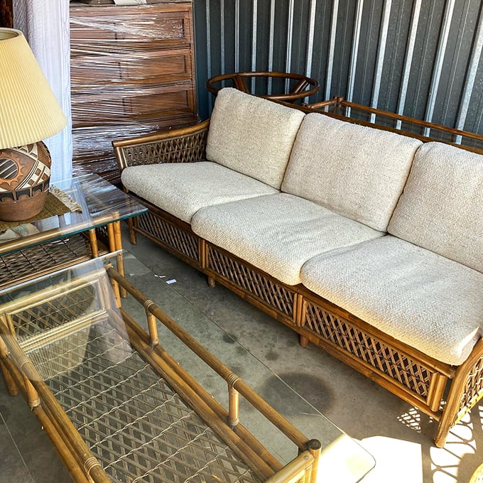 This rattan furniture set whispers of tiki parties and Mai Tais—a mid-century tropical dream that would make Don Draper feel right at home.