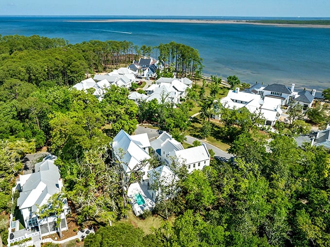 White-roofed elegance nestled among the pines—coastal living that respects and embraces its natural surroundings.