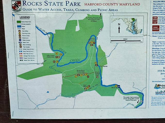 The park map reveals a wonderland of trails, picnic areas, and hidden gems. Your treasure map to Maryland's natural splendor—X marks all the spots.