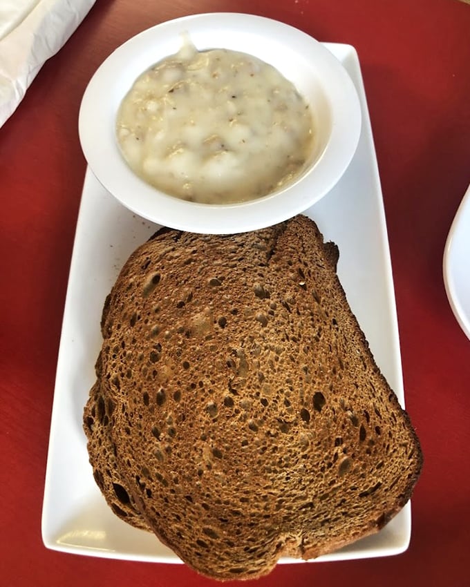 Sometimes the simplest things are the most satisfying – hearty rye toast alongside creamy homemade gravy proves less can be more.