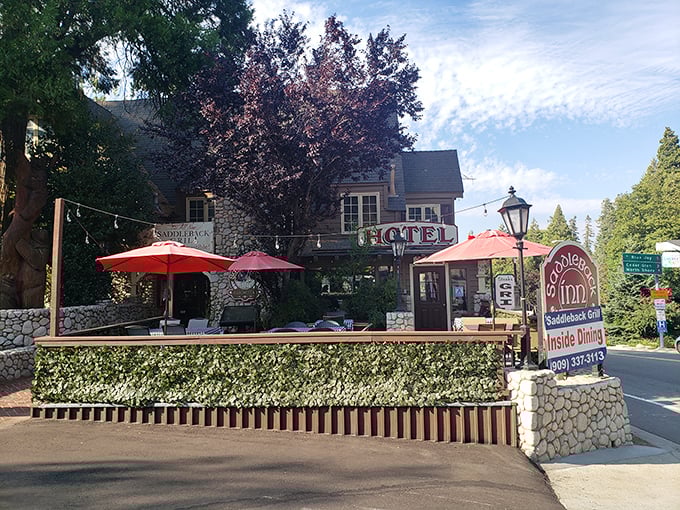 Saddleback Inn's inviting patio beckons with red umbrellas and the promise of mountain-fresh air with your meal—outdoor dining elevated, literally.