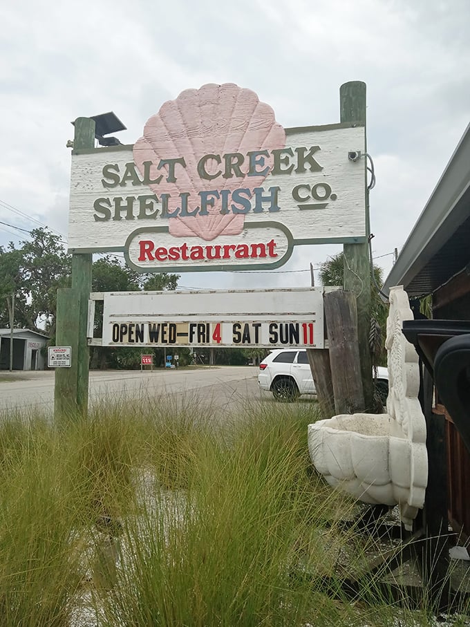 The sign says it all—Salt Creek Shellfish Co. Restaurant, where the hours are limited but the seafood memories are endless.