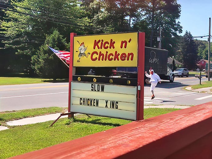 "Slow: Chicken Xing"—a roadside sign that perfectly captures the playful spirit of this beloved Lewes institution where good food and good humor go hand in hand.
