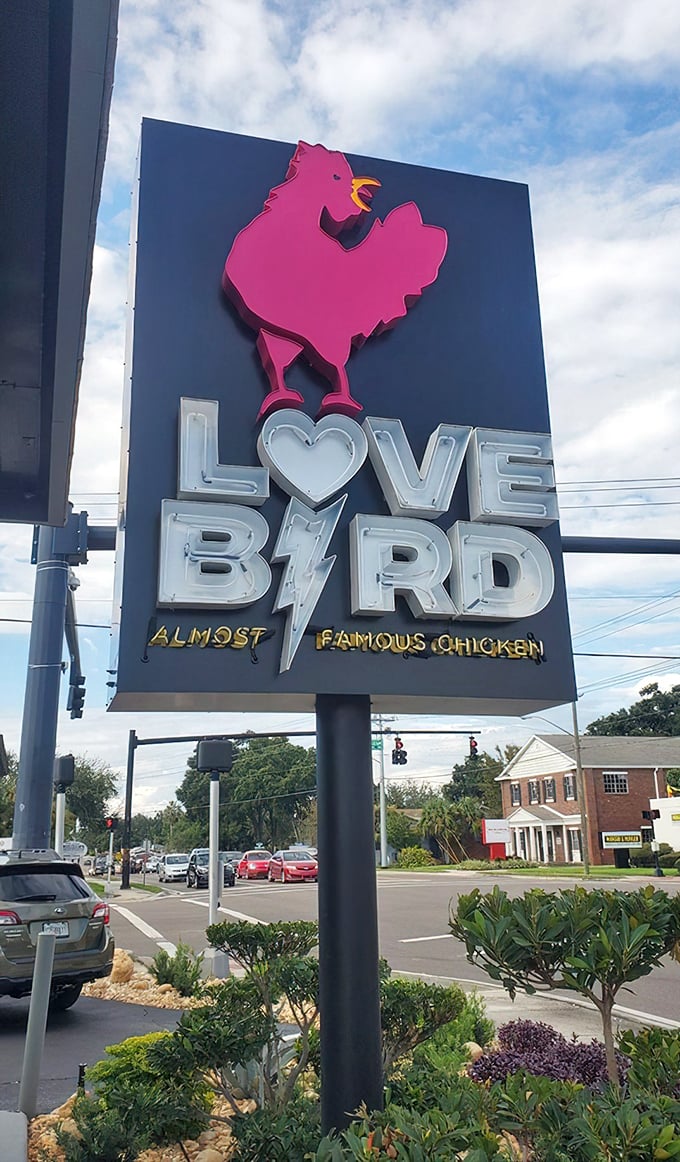 That pink chicken silhouette against the dark background isn't just a logo—it's a landmark for flavor-seekers throughout Central Florida.