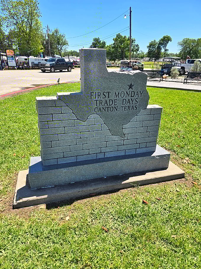 A stone monument shaped like Texas marks the legendary First Monday Trade Days, standing as proudly as the tradition itself.