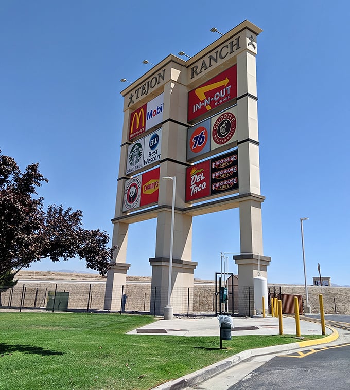 The Tejon Ranch sign proudly announces not just shopping but sustenance—because even the most dedicated bargain hunters need to refuel occasionally.