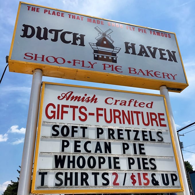 The roadside sign promises everything your sweet tooth craves—this is where pie dreams become delicious reality.