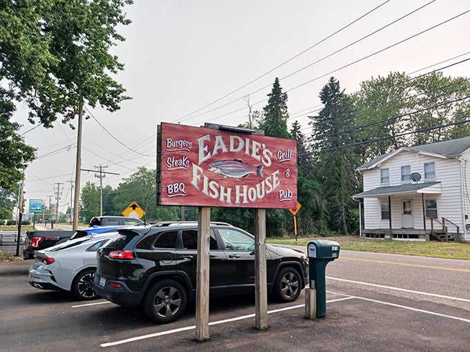 The roadside sign that acts like a lighthouse for hungry travelers – a beacon of hope in a sea of chain restaurants and fast food.