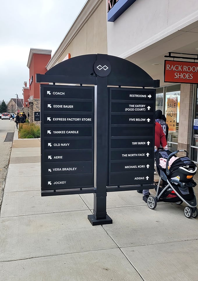 The directory sign – your treasure map to retail paradise. Without it, you'd wander aimlessly between Coach and Eddie Bauer forever.