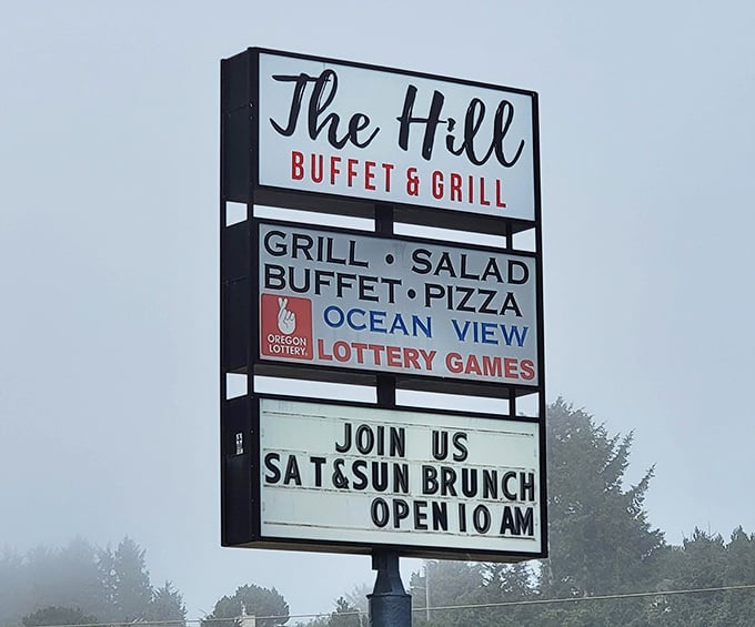 The roadside sign announces weekend brunch like a town crier of tastiness – 10 AM is when the magic begins.