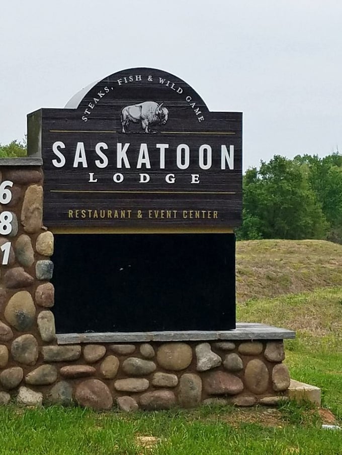 The Saskatoon Lodge sign announces your arrival at carnivore paradise. Like the pearly gates, but for meat lovers.