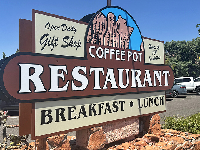 The sign says it all – "Home of 101 Omelets." Like a breakfast lighthouse guiding hungry souls through the rocky shores of morning hunger.