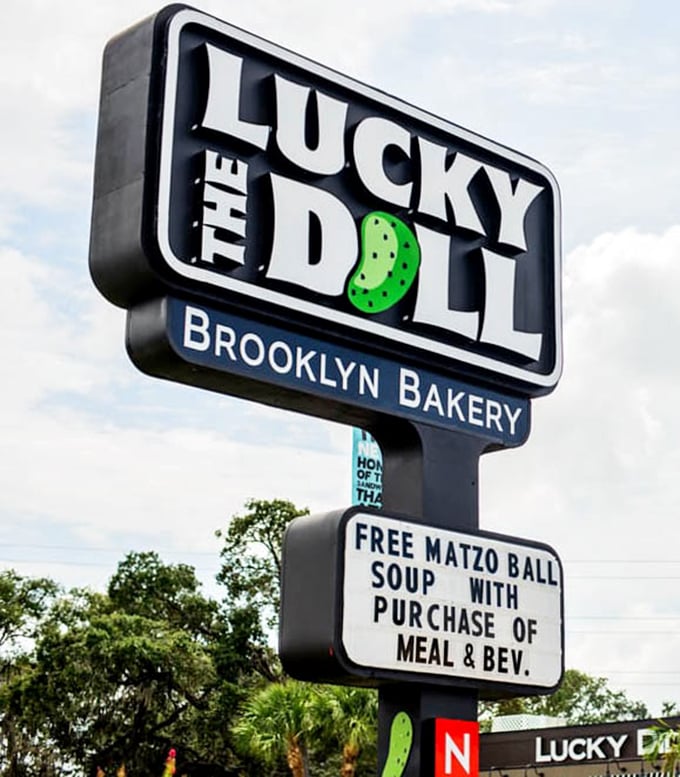 The sign promises free matzo ball soup with purchase—a deal your bubbe would approve of immediately.