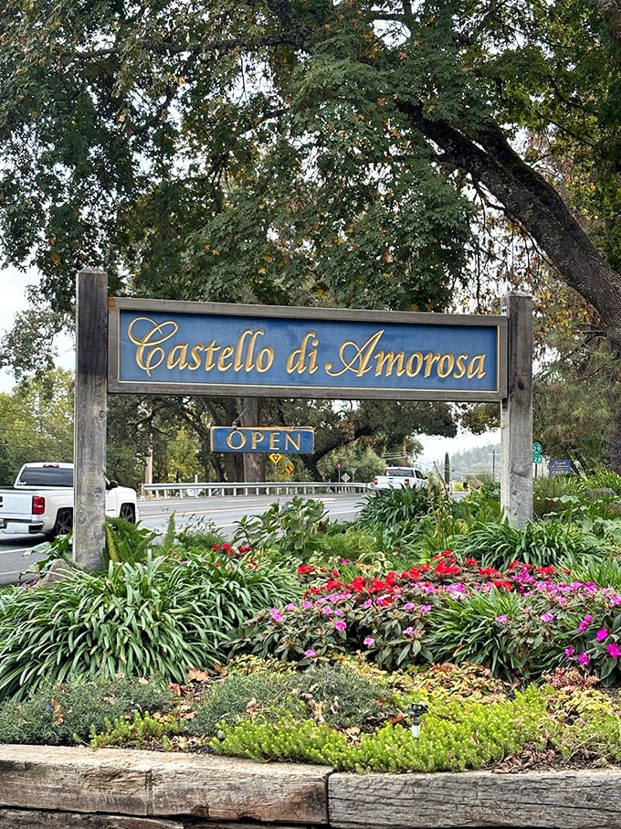 The gateway to Tuscan dreams. This elegant entrance sign, surrounded by California blooms, marks the boundary between everyday life and castle fantasy.