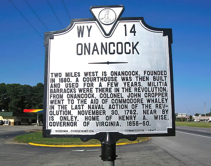 This historical marker stands as Onancock's resume in metal and paint, summarizing centuries of history in fewer words than a Twitter post.