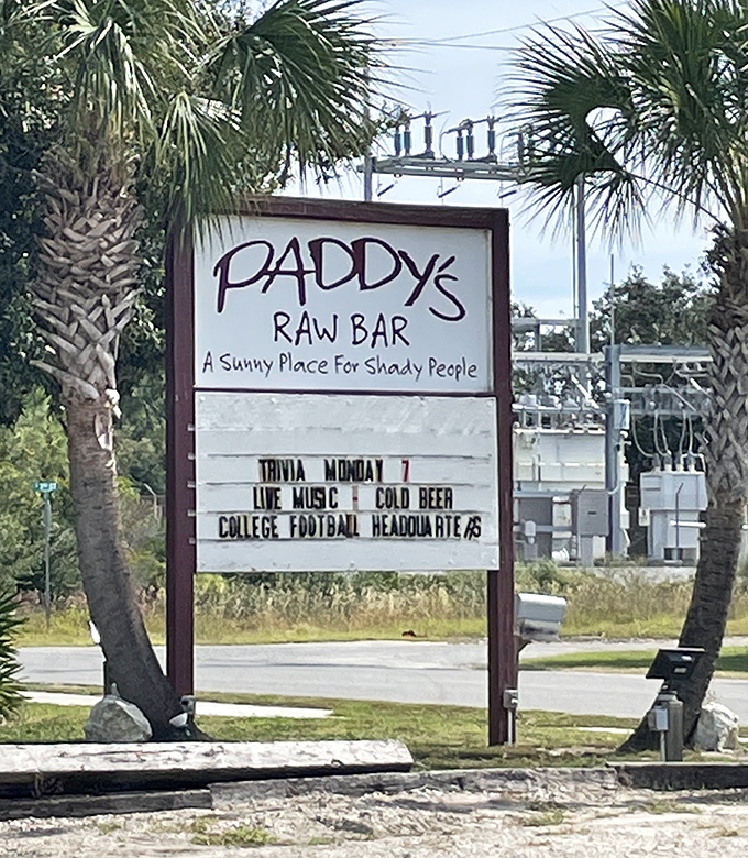 The roadside sign promises three essentials of Florida happiness: trivia, live music, and cold beer—what more could you possibly need?