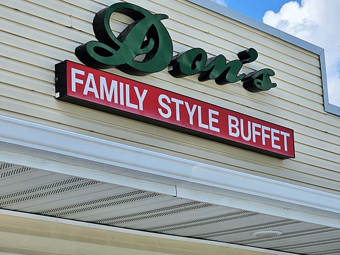 The sign promises exactly what awaits inside: family, tradition, and enough food to ensure nobody leaves hungry or hurried.