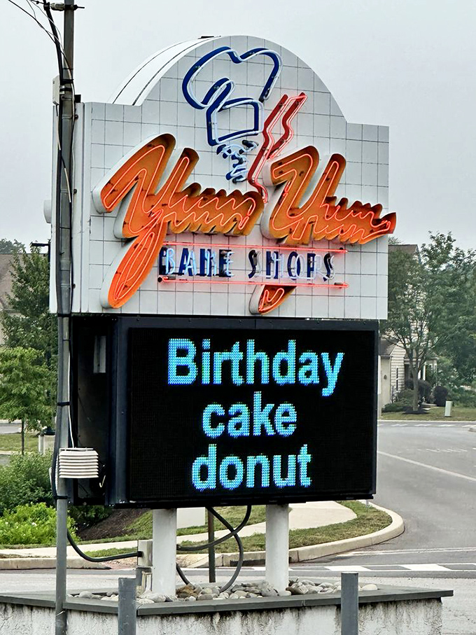 That neon sign doesn't just advertise – it announces a Pennsylvania institution. Today's special? Birthday cake donut, because every day deserves celebration.