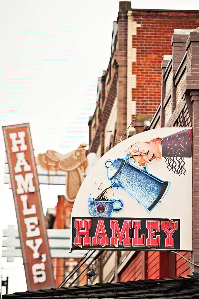 Vintage signage announces Hamley's presence in downtown Pendleton – a beacon for hungry travelers and locals alike since long before GPS existed.