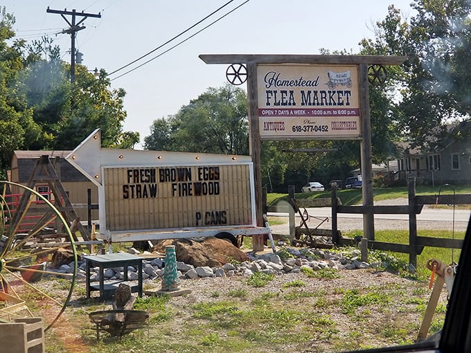The rustic sign that started countless treasure hunts. Fresh brown eggs advertised alongside antiques—only at Homestead Flea Market.