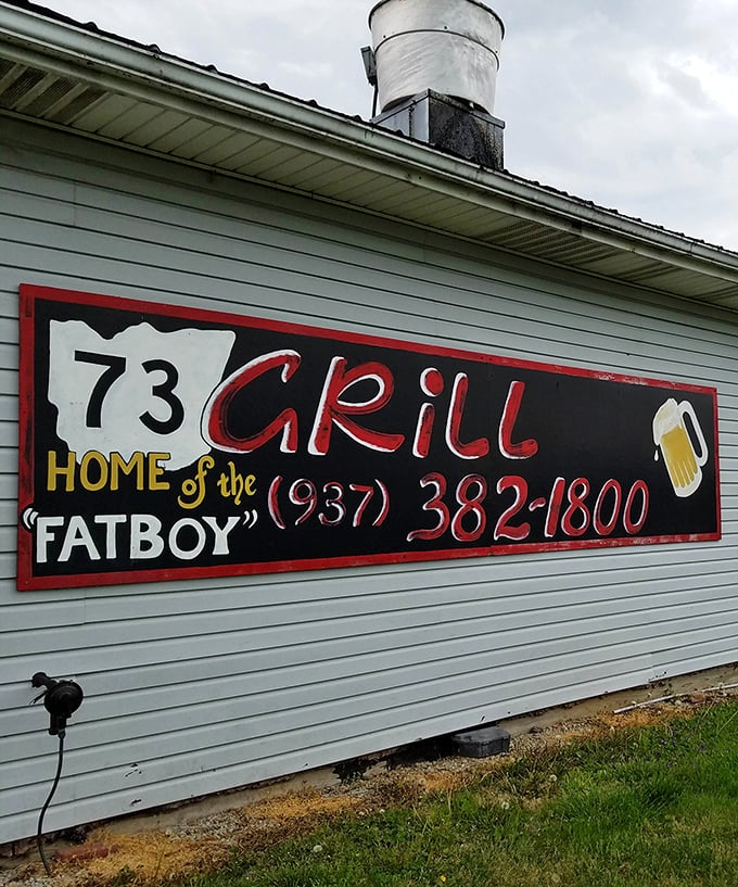 The sign says it all—"Home of the Fat Boy." Like all great roadside attractions, 73 Grill knows exactly what it is and embraces it wholeheartedly.