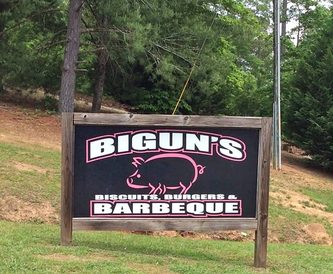 The roadside sign promises the holy trinity of Southern cuisine: biscuits, burgers, and barbecue – a trifecta of comfort that delivers.