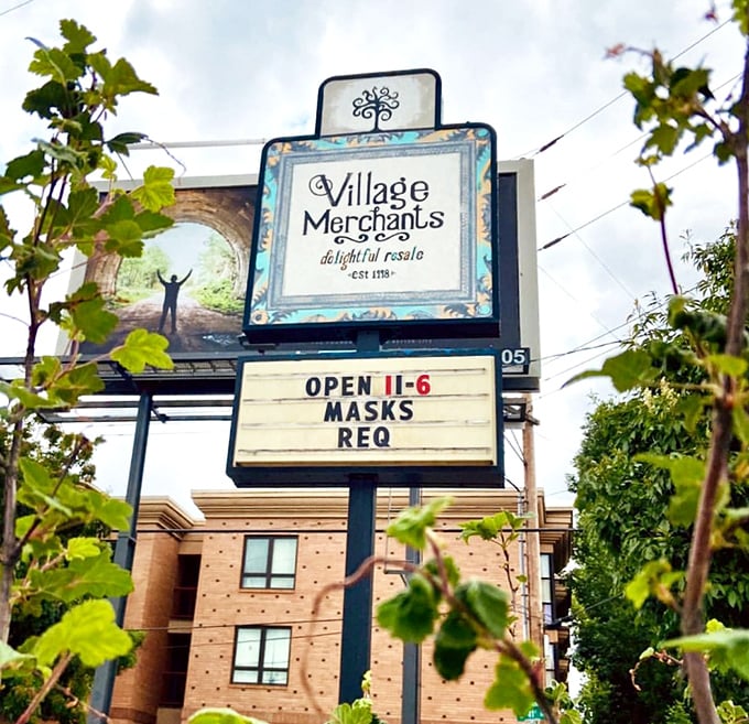 The sign announces more than hours – it promises an adventure in secondhand shopping that's quintessentially Portland.