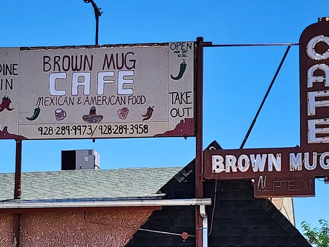 The weathered sign stands as a beacon for hungry travelers—Mexican and American food under one roof, with a side of Route 66 nostalgia.
