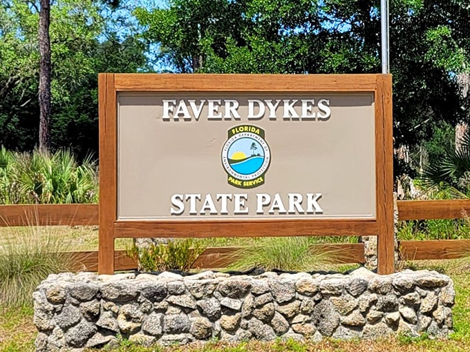 The welcome sign that promises more than it can possibly fit on a wooden board: adventure, peace, and Florida's wild heart.