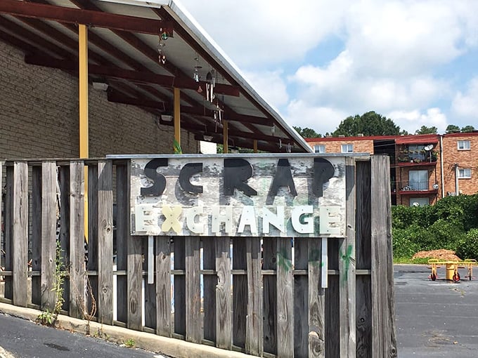 The weathered wooden sign tells you everything—this isn't just a store, it's a philosophy about giving materials a second chance.