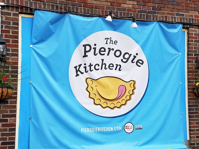 The banner that beckons pierogi pilgrims from blocks away, a blue beacon of dumpling devotion in urban Philadelphia.