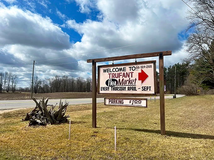 The sign that launched a thousand treasure hunts. This humble marker has guided more bargain seekers than any GPS could, promising Thursday adventures April through September.