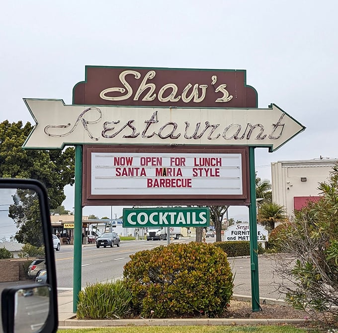 This sign doesn't just advertise a restaurant—it's a beacon for the beef-obsessed. "Santa Maria Style Barbecue" isn't just words—it's a regional promise of smoky perfection.
