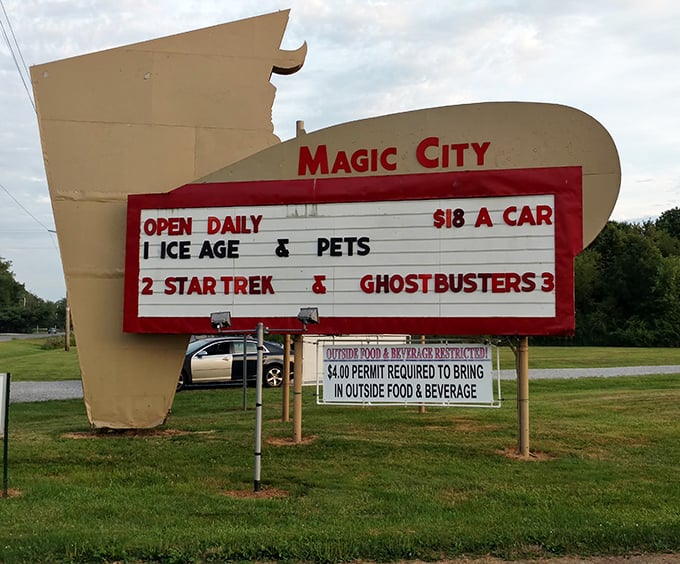 The retro marquee announces tonight's double feature – where else can you catch two first-run movies for less than one ticket elsewhere?