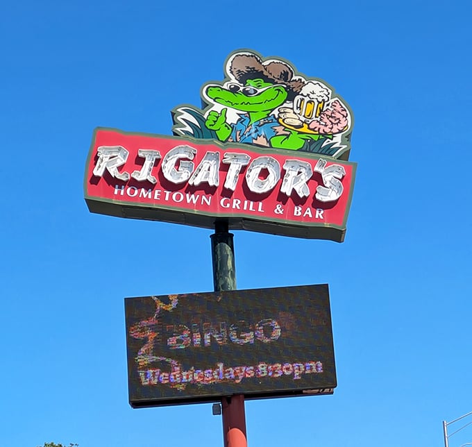 The iconic sign featuring a cartoon gator holding a beer announces more than just a restaurant—it's a landmark for locals and a beacon for the hungry.