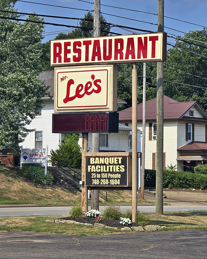The roadside sign promises not just a meal but banquet facilities—this isn't just a restaurant, it's Cambridge's living room.