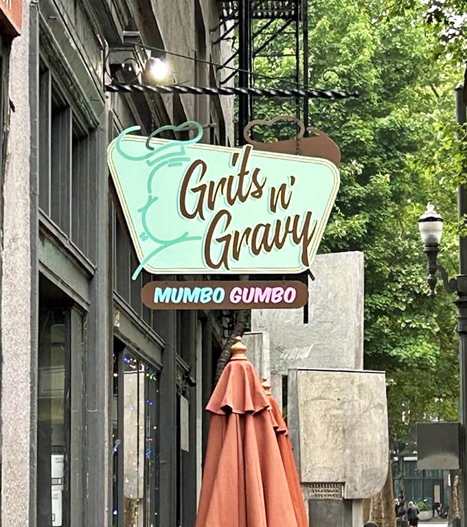 That retro mint-green sign with "MUMBO GUMBO" underneath promises flavors that transport you straight to New Orleans without leaving Portland.