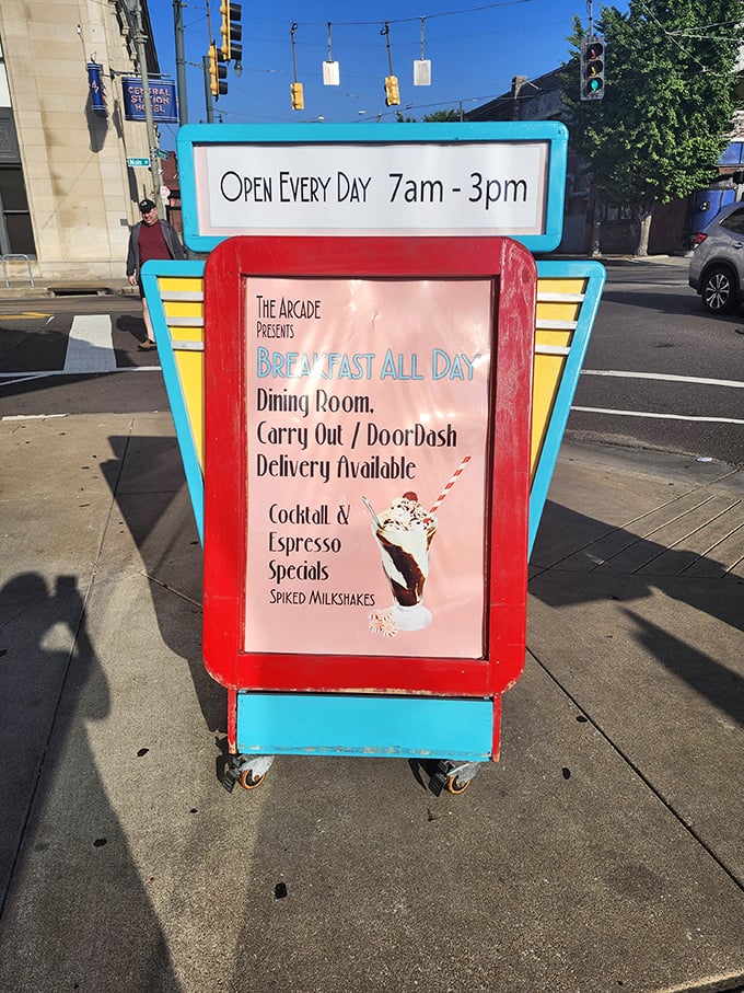 The retro signage announces "Breakfast All Day" – six syllables that rank among the most beautiful phrases in the English language.