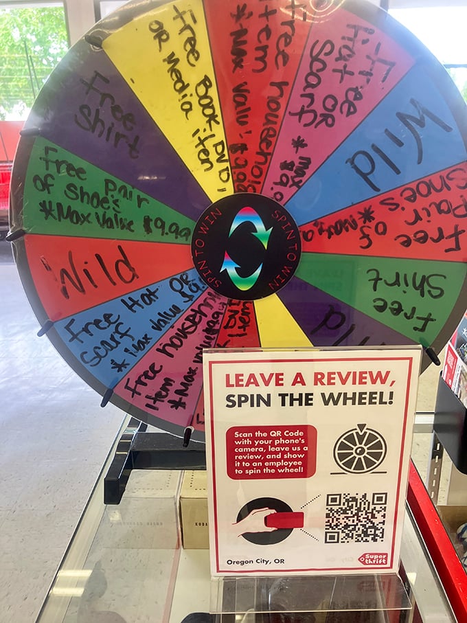Spin the wheel of fortune after leaving a review—because the only thing better than thrift store prices is winning something for free!