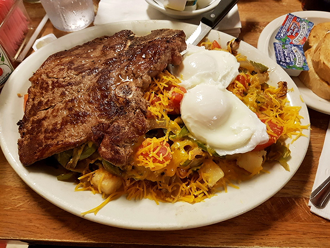 The T-bone and eggs platter isn't just breakfast—it's a declaration that you're not planning to eat again until tomorrow. Pure Pittsburgh protein poetry.