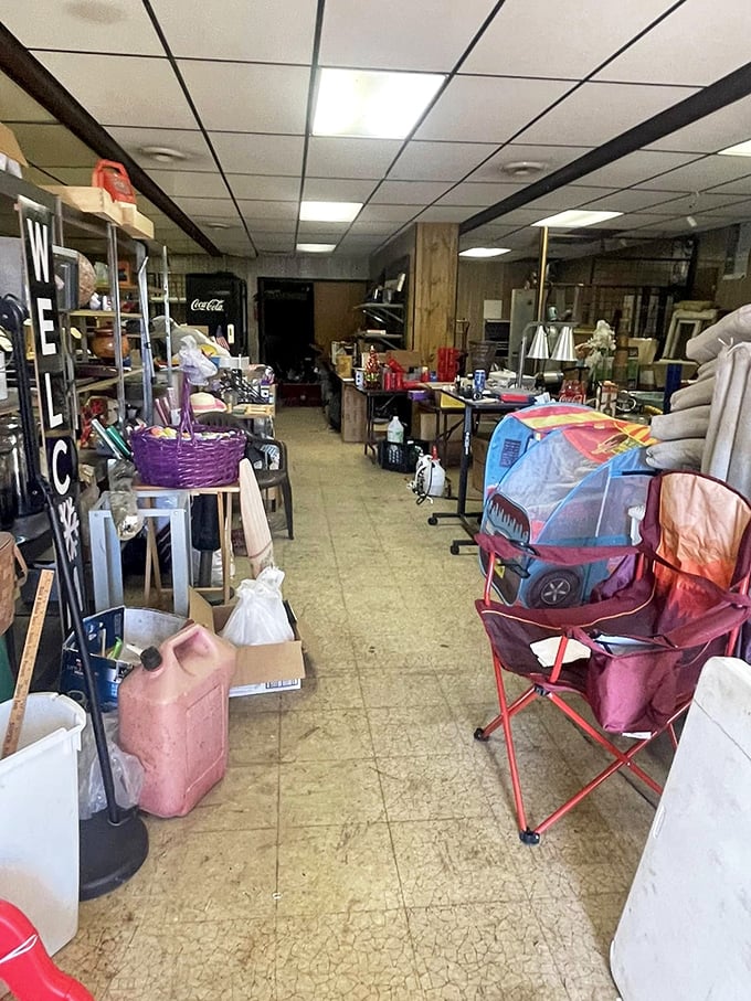 The storage room—cinema's backstage, where the practical magic happens among folding chairs, gas cans, and the accumulated treasures of movie seasons past.