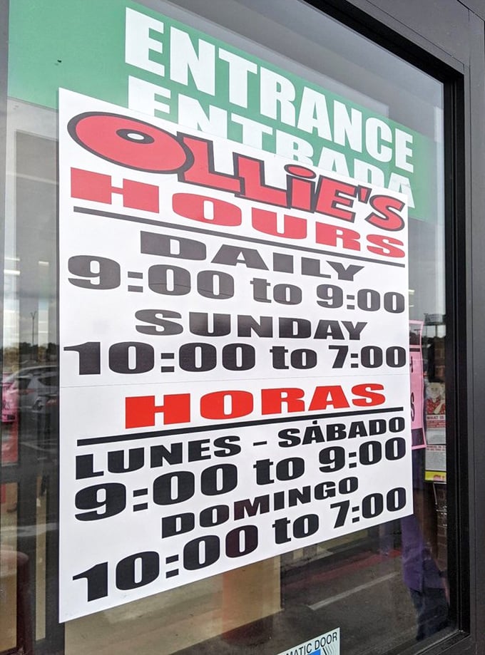 Store hours posted in both English and Spanish—bargain hunting is a universal language in San Antonio, with plenty of time to explore.
