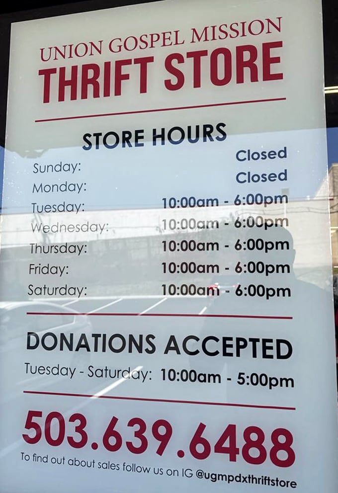 The store hours sign – crucial intelligence for planning your thrifting missions. Note the Instagram handle – even secondhand shopping has gone digital!